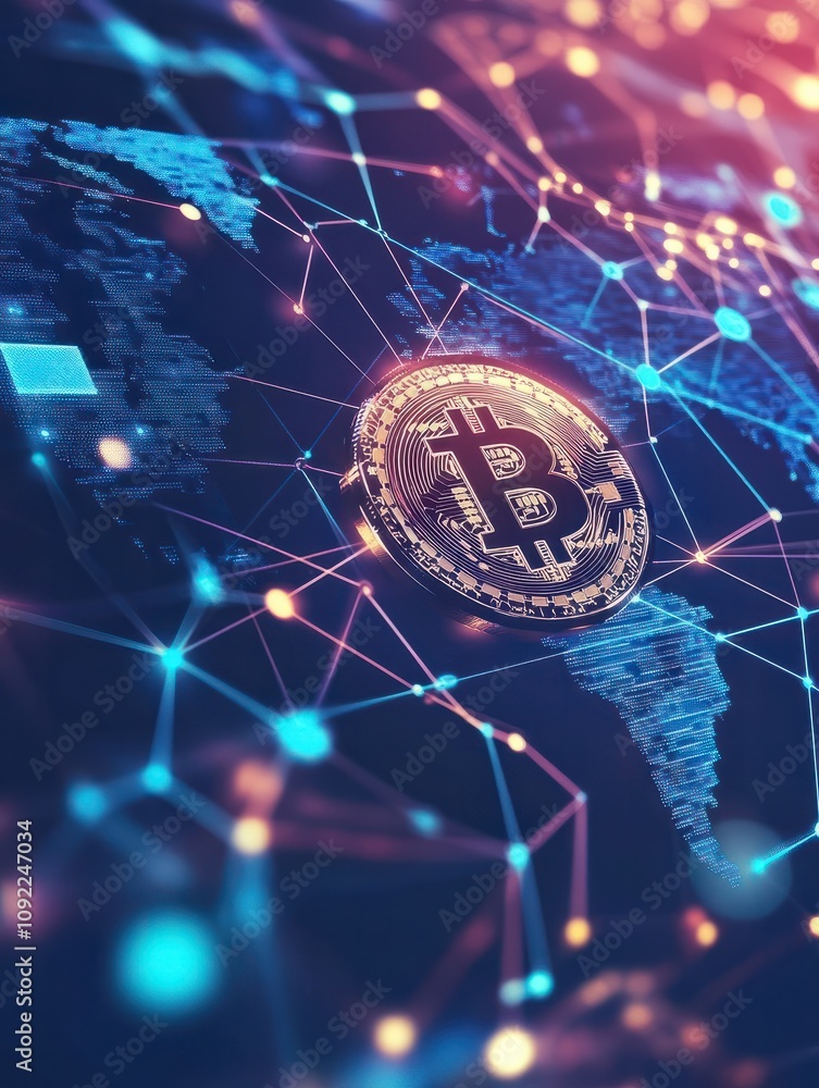 4IR on the background of polygon world map with blockchain technology ...