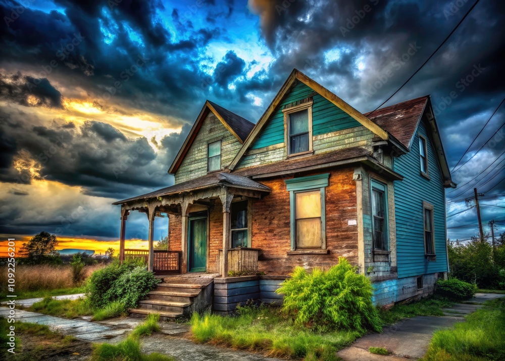 Rundown House for Sale Under Dark Gloomy Sky, Symbolizing Economic ...