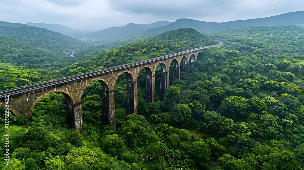 Majestic viaduct spanning a vibrant green landscape under a moody sky ...