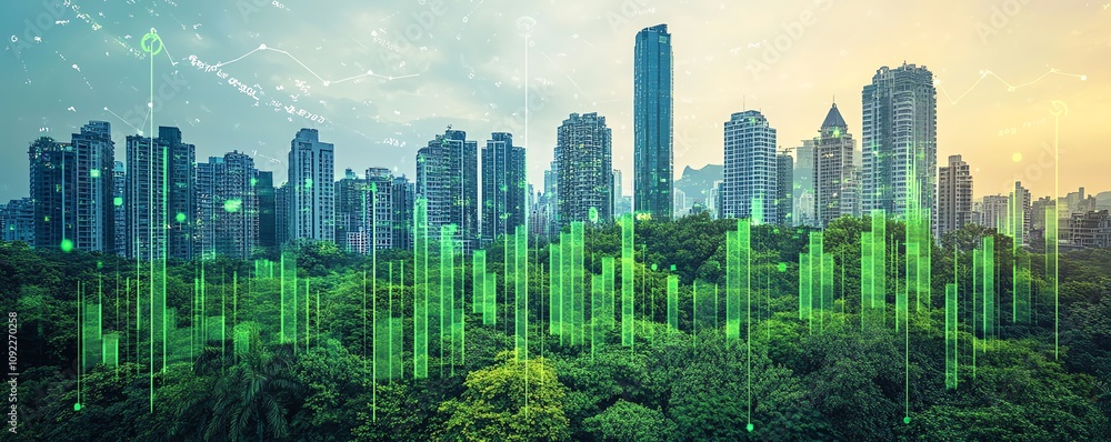 Lush green data chart overlaying a sleek city skyline, representing ...