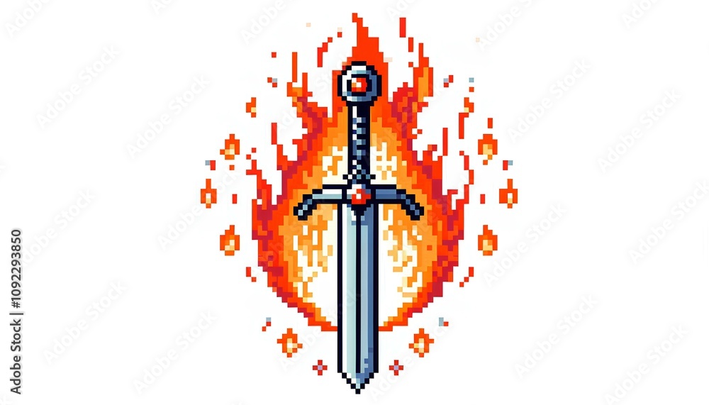 Pixel Art Flaming Sword on White Background Stock Illustration | Adobe ...