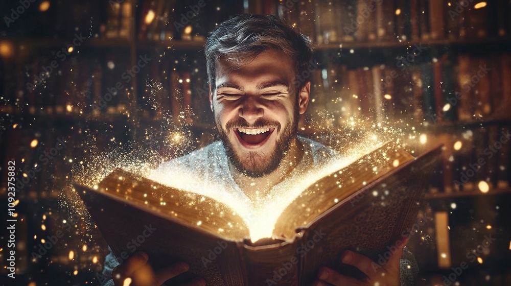 a man behind a big magic book shining in his face and happy, library ...