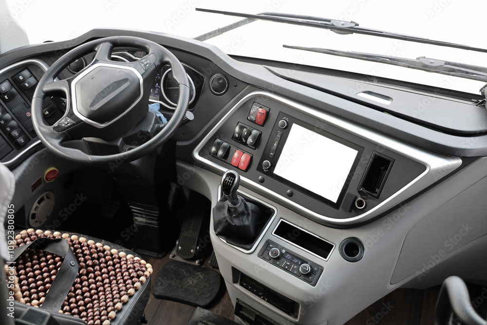 Intercity bus dashboard equipped with video system monitor. steering ...