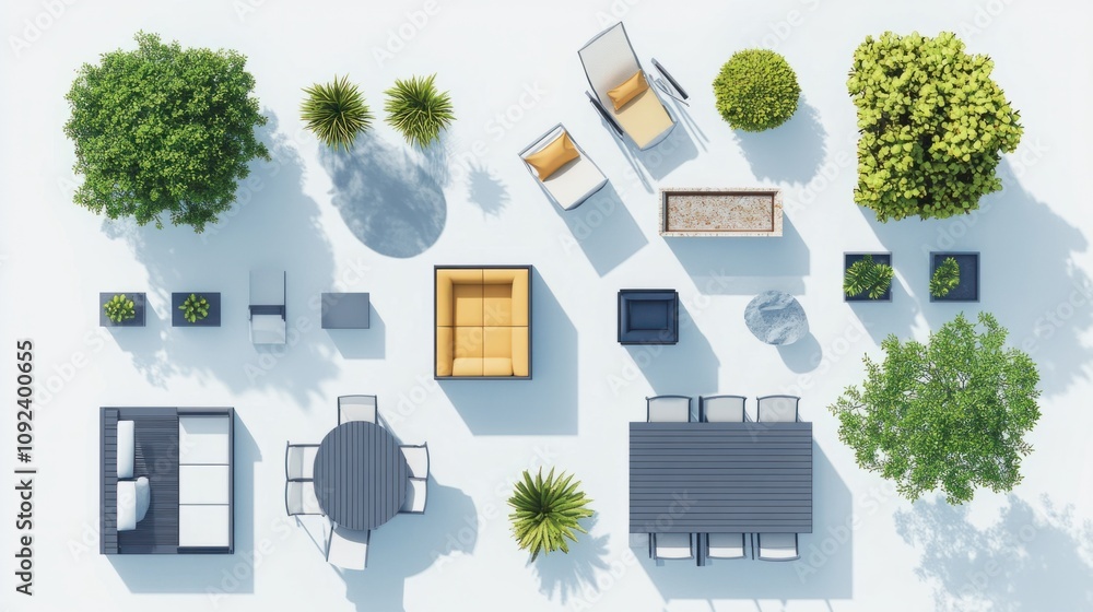 Top view of patio layout icons with chairs, plants, and tables, giving ...