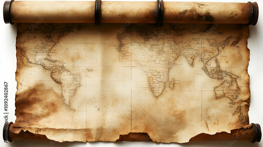 Antique World Map Scroll Depicts Continents with Aged Texture and ...