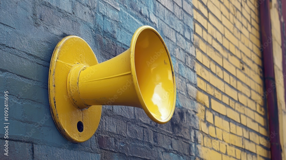 Yellow post horn mounted on a brick wall, symbolizing postal service ...