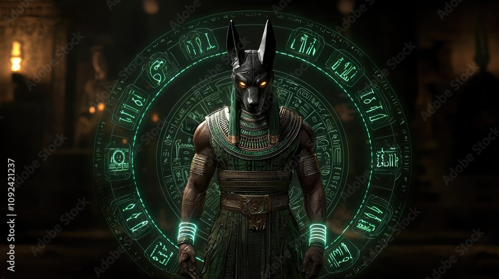 Anubis figure with glowing symbols and ancient Egyptian background ...