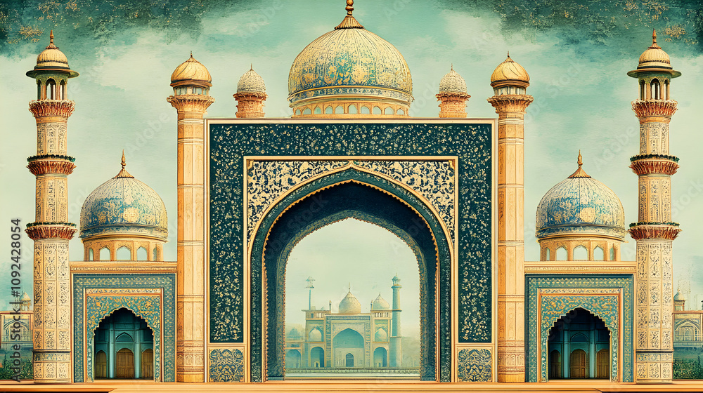 Ornate Islamic Gateway Archway Shows Detailed Mosque Background in a ...