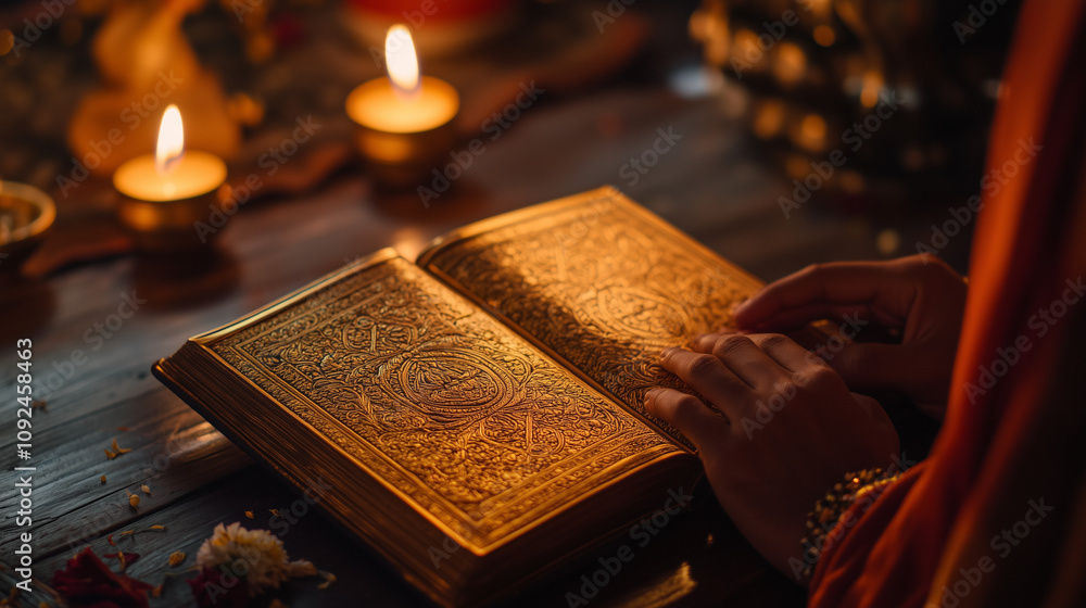 Gita Jayanti, close-up of a Hindu monk's hand opening the gold-engraved ...