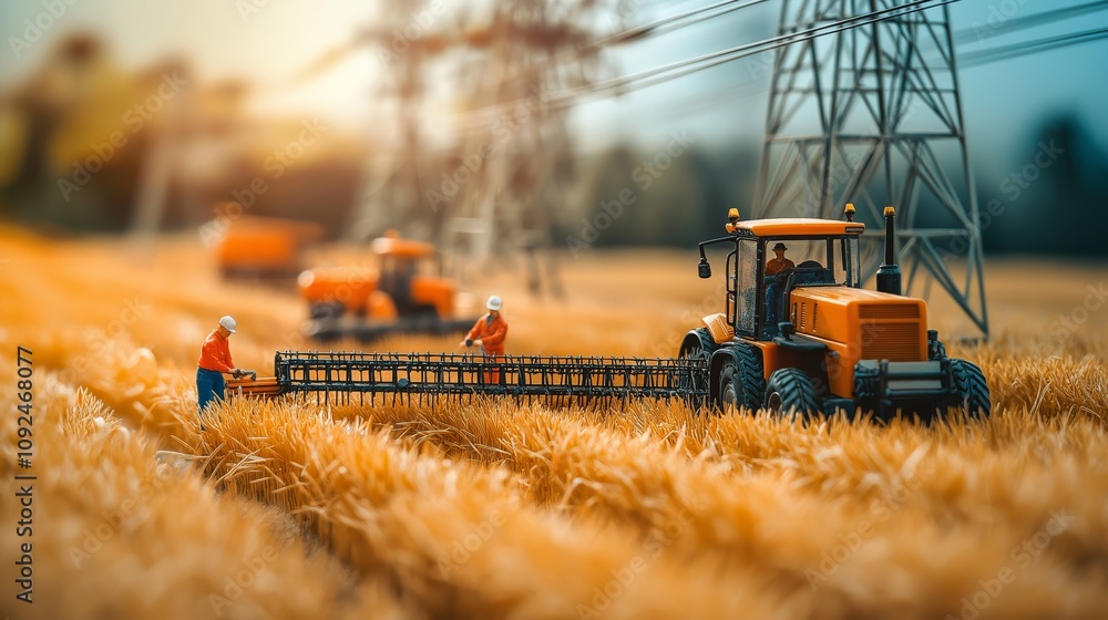 Realistic miniature farming scene with tiny tractors and workers ...