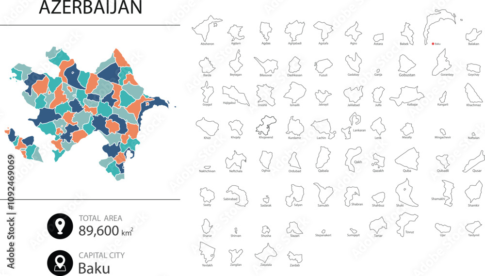 Azerbaijan Map with detailed country map. Map elements of cities, total ...