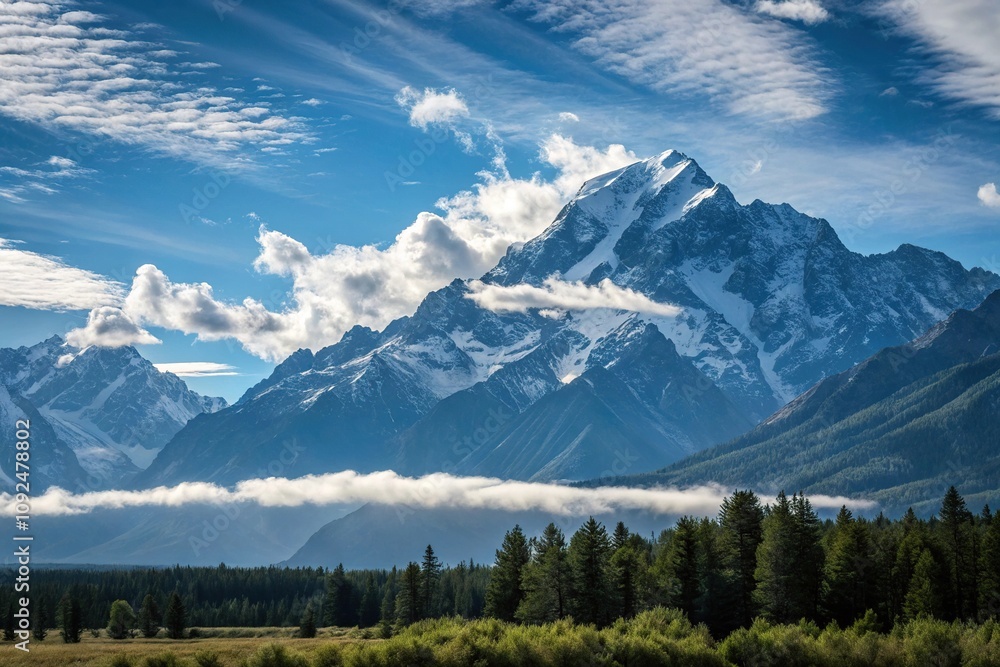 Majestic mountain range shrouded in wispy cirrus clouds against a radiant azure sky, mountain ...