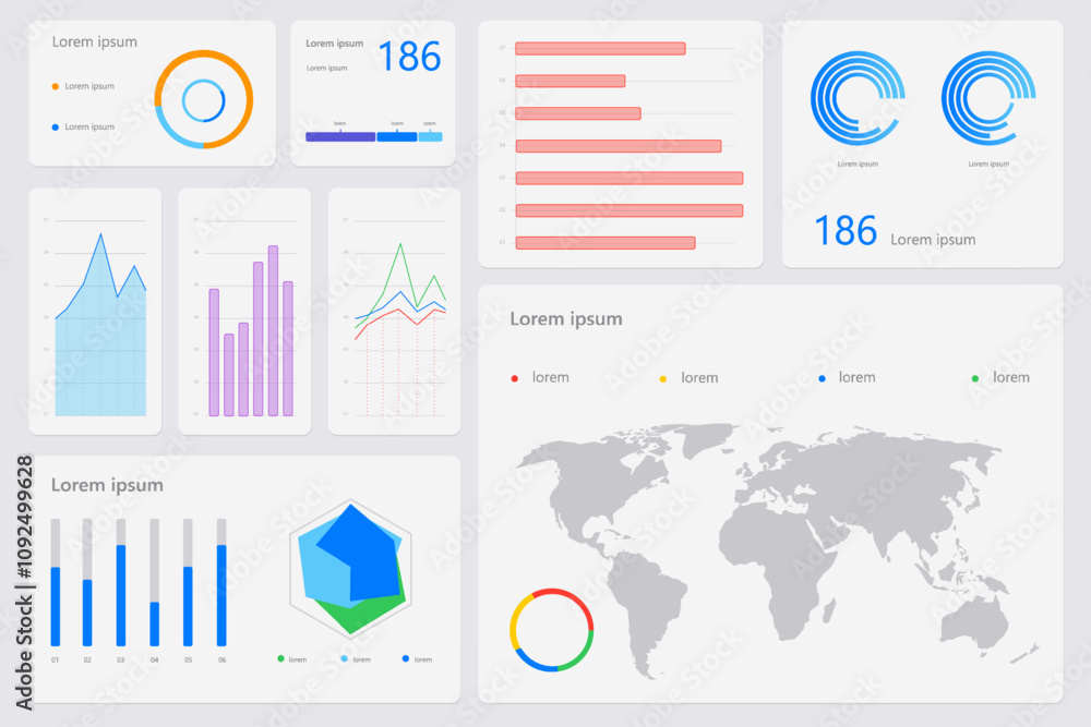 Financial dashboard featuring global data visualizations, bar charts ...