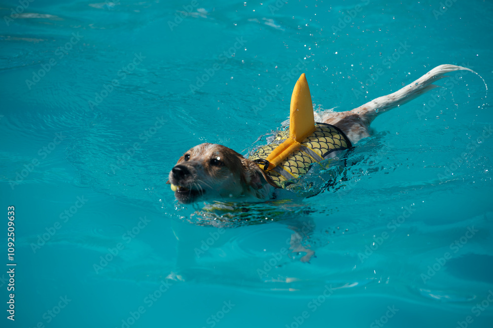 un petit chien blanc équipé d'un gilet de sauvetage jaune avec un ...