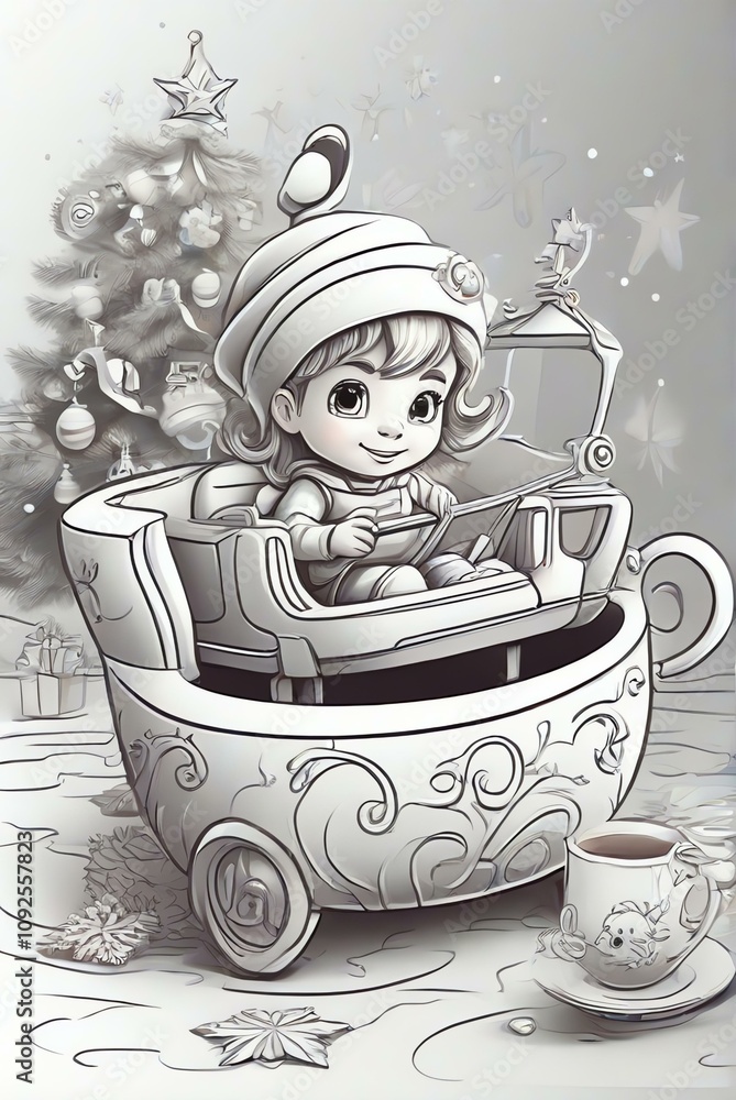 Coloring page for kids: B&W outline art, Christmas-themed, Sketch style ...