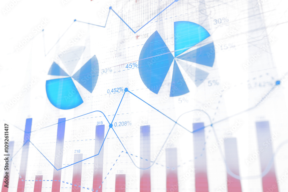Abstract image showing blue pie charts, bar graphs, and line graphs with numerical data overlays ...