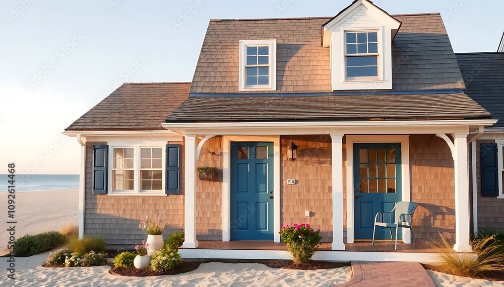 An inviting Cape Cod-style house wallpaper with shingle siding, a blue ...