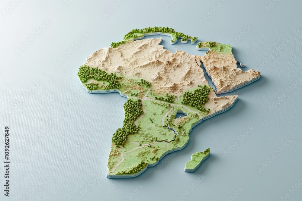 A 3D map of Africa showing relief details such as mountain ranges and ...