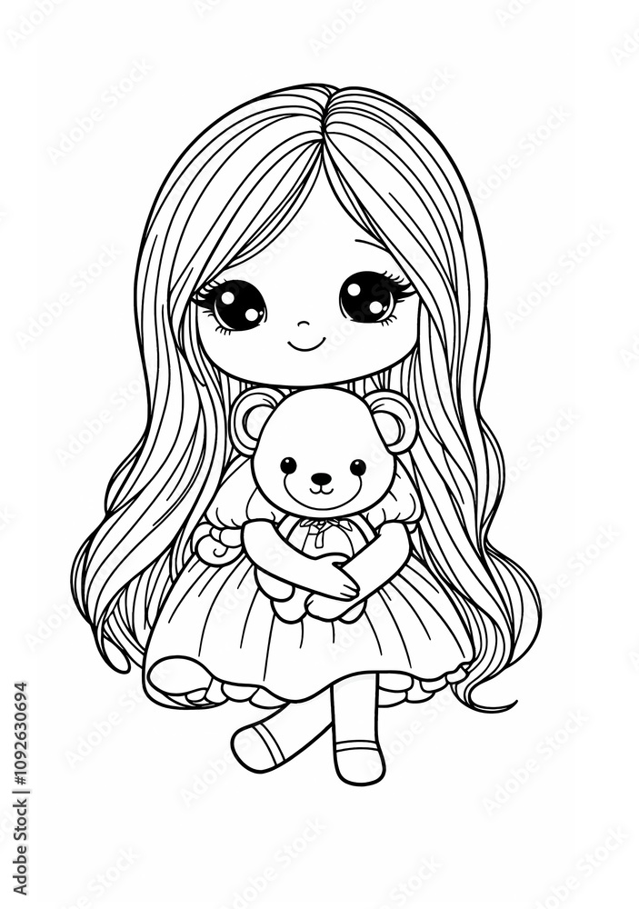 girl hugging a teddy bear coloring page, vector printable worksheet for ...
