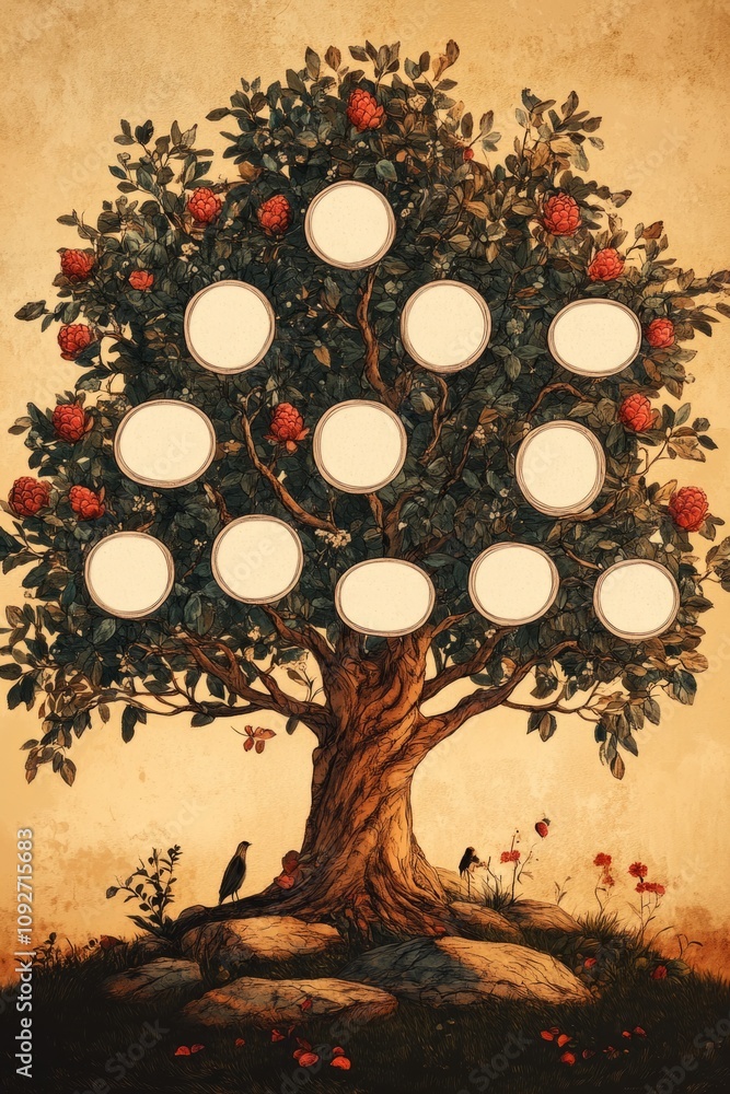 Lush green family tree with empty circles representing family members ...