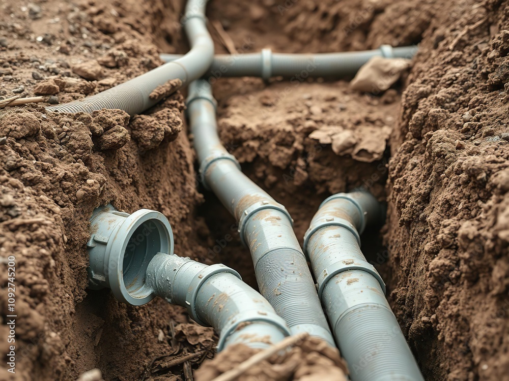New water pipes being placed in a trench after removal of old pipes ...