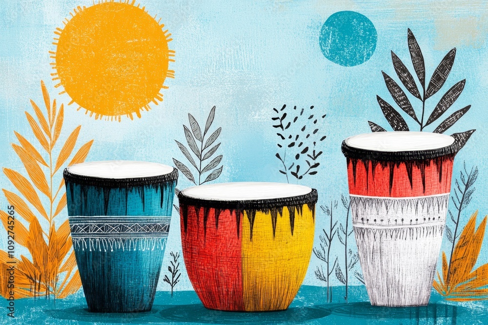 Abstract minimalist depiction of African drums, with bold shapes and ...