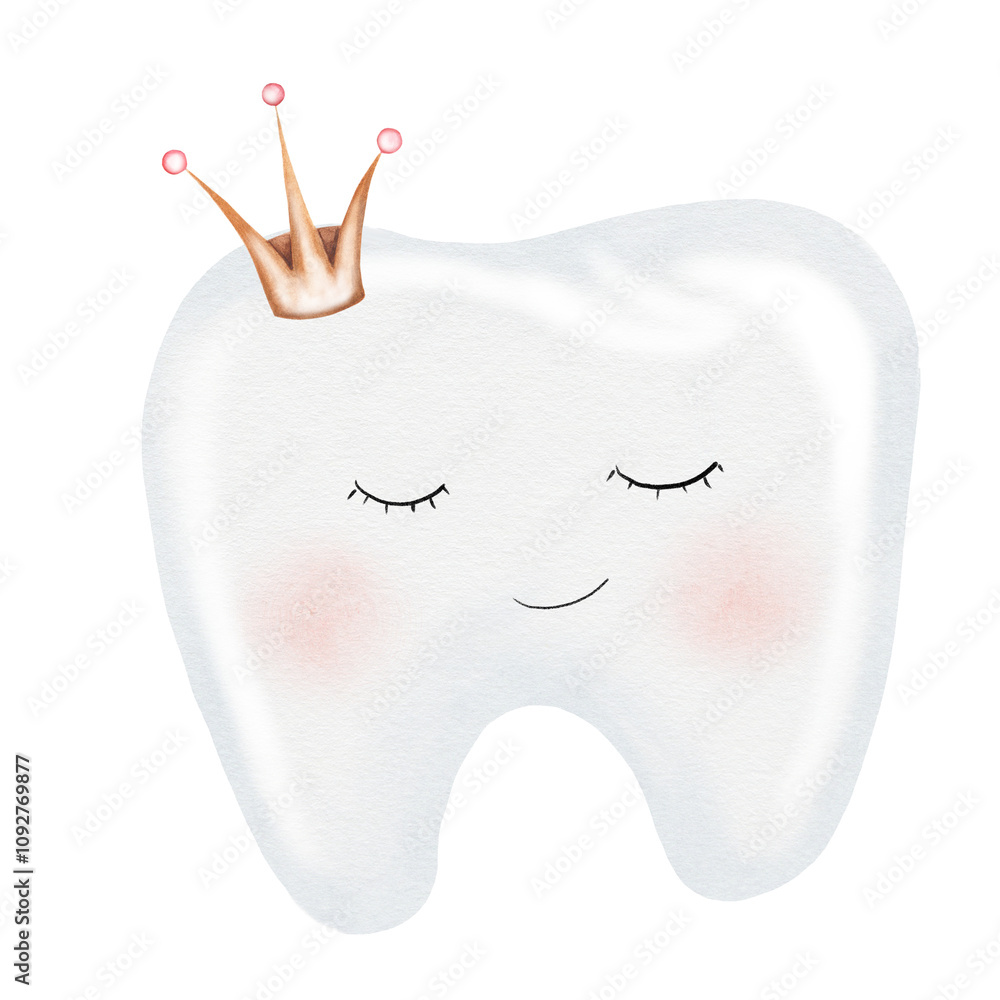 Baby tooth watercolor. Cute cartoon molar with crown on isolated white ...