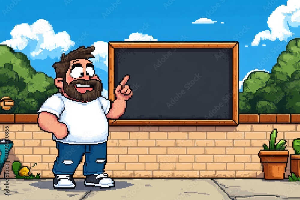 Pixel art of an adult classroom with a teacher pointing to a chalkboard ...