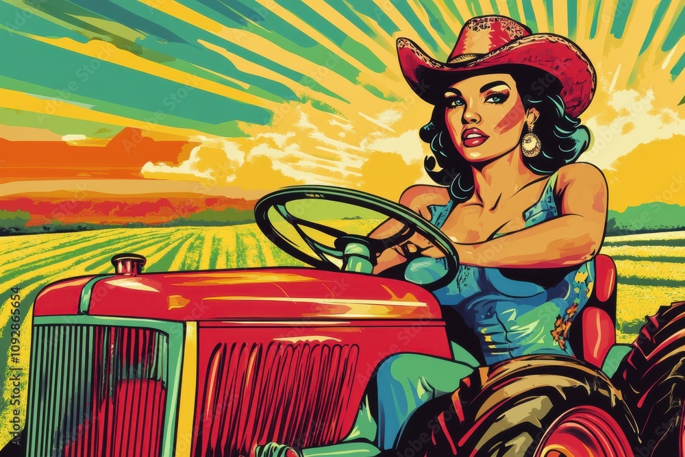 Dynamic pin-up cowgirl driving a red tractor in a colorful farm setting ...