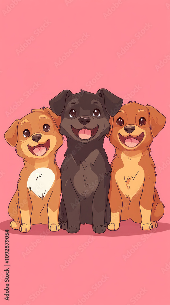 Three cute animated puppies gather together, smiling happily against a ...