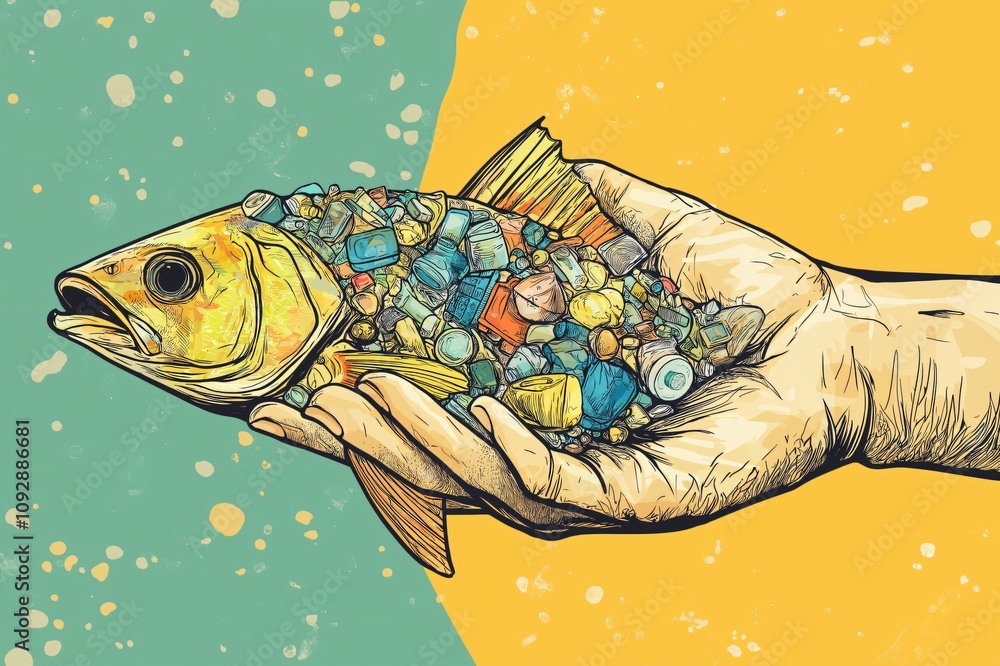 Hand holding a fish with its body made of plastic waste, illustrating ...