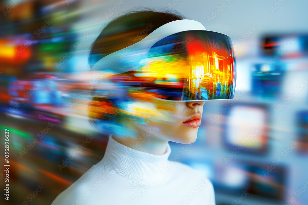 A person wearing VR gear is experiencing rapid digital visuals that ...