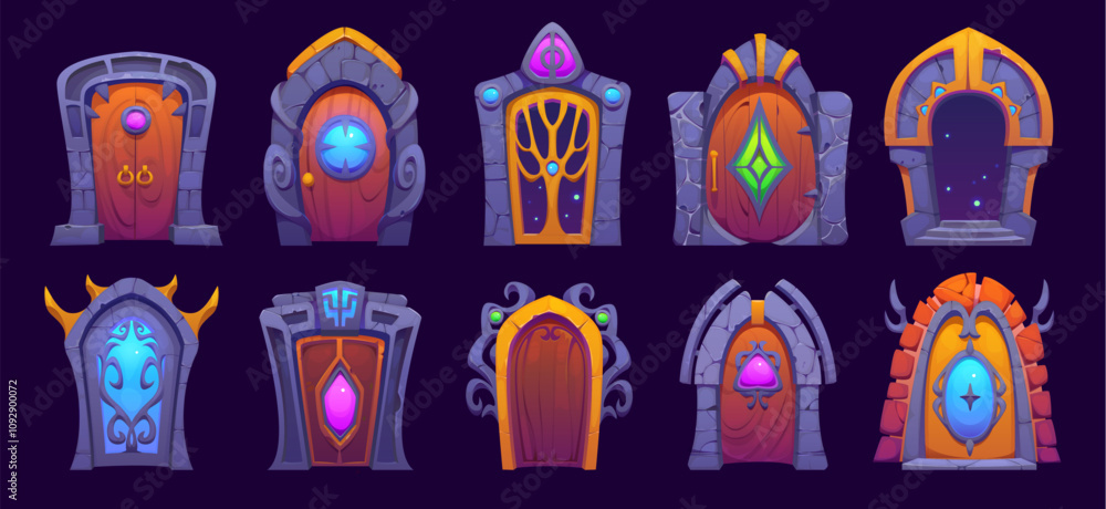 Fantasy magic gate door portals, game asset. Vector cartoon magic gates ...