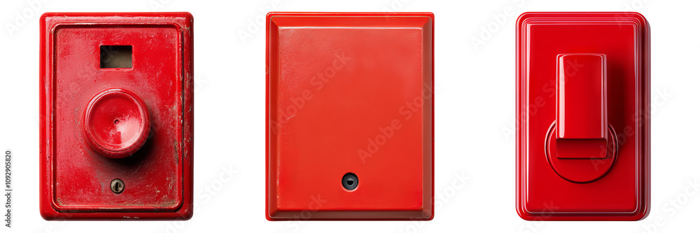 Fire alarm and alert response concept. Three red safety devices with ...