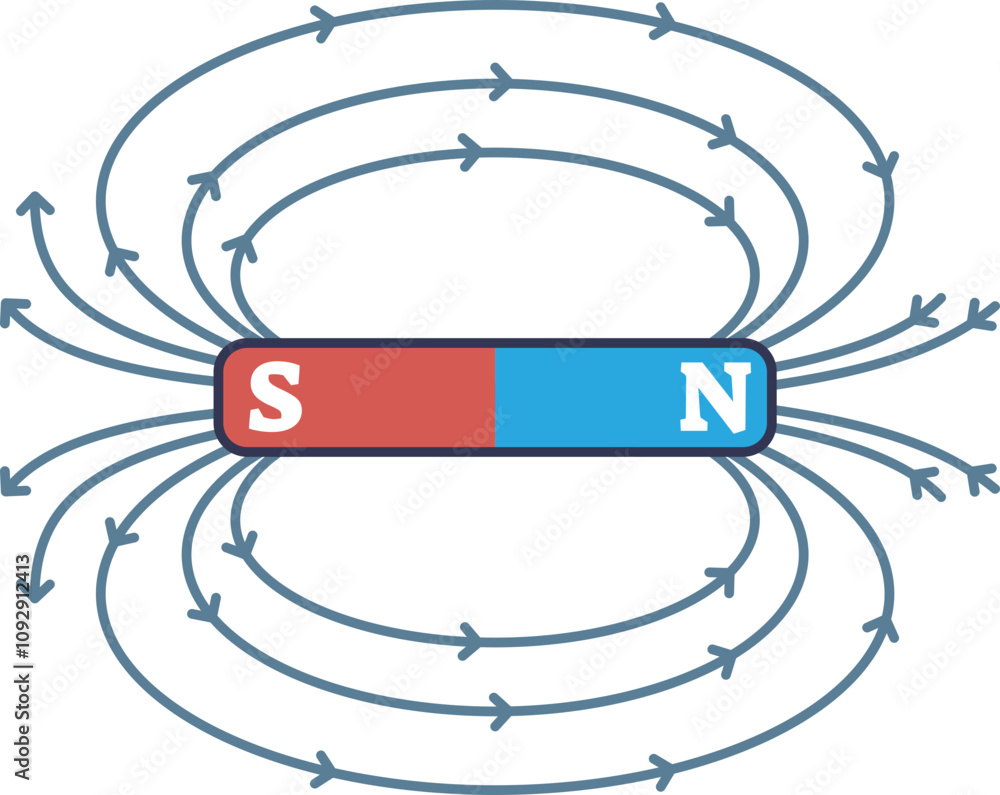 Illustration of bar magnet with magnetic field lines showing north and ...