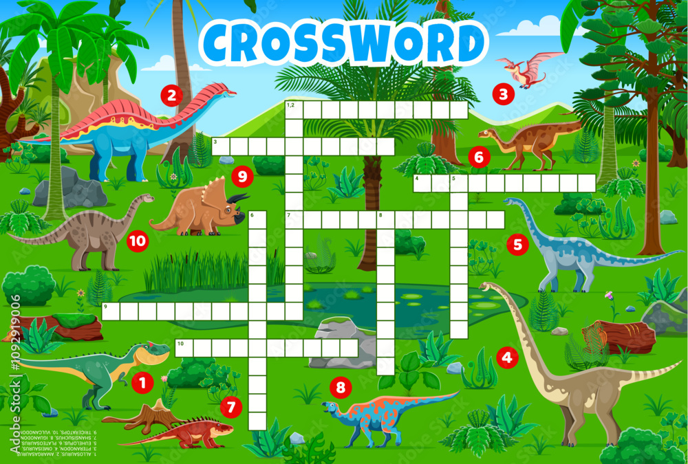 Crossword quiz game grid with prehistoric dinosaur characters. Word ...