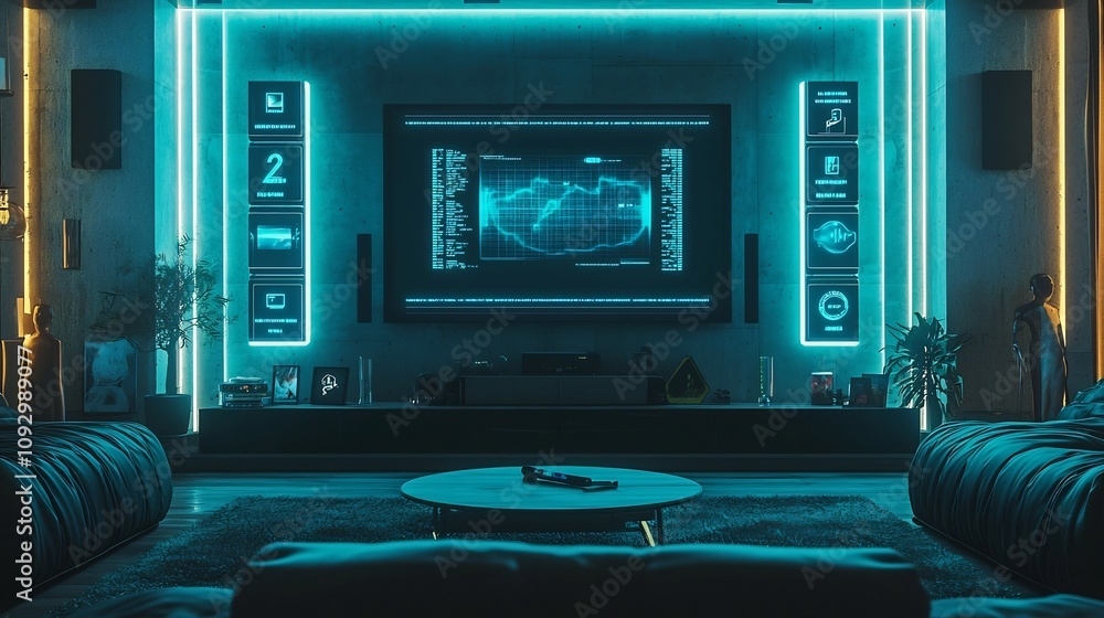 Futuristic and modern smart TV interface displaying streaming content ...