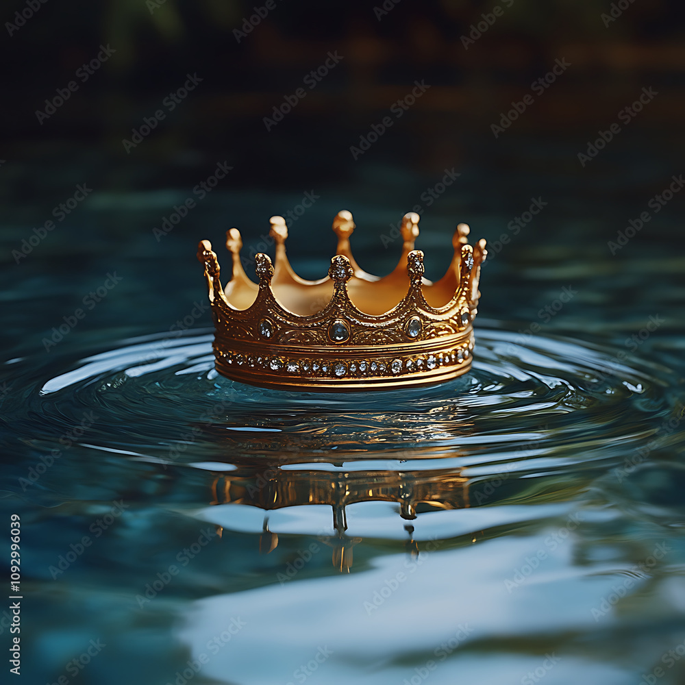 gold crown floating gracefully above tranquil pool of water, creating ...