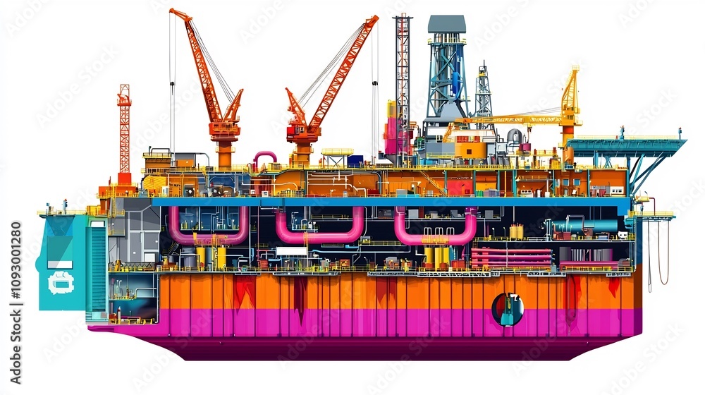 Vibrant Cross Section of Offshore Oil Rig with Visible Pipelines and ...