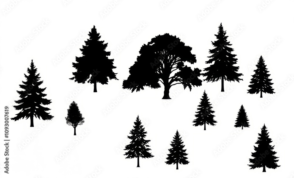 Various snowed trees isolated from a transparent background in large ...