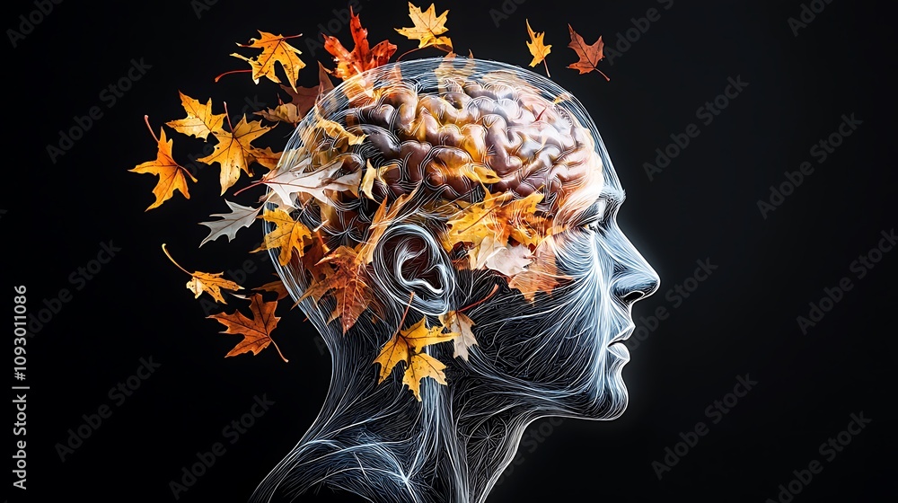 A striking illustration depicting a human male's head with leaves ...