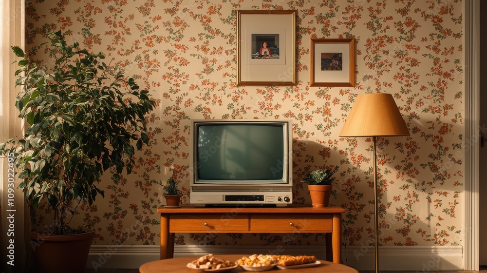 Family living room with crt tv 80s era sitcom cozy environment Stock ...