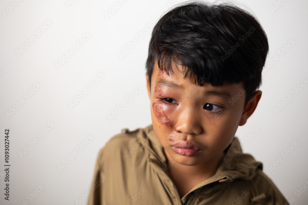 Portrait asian boy received Inflamed wound to his face from falling off ...