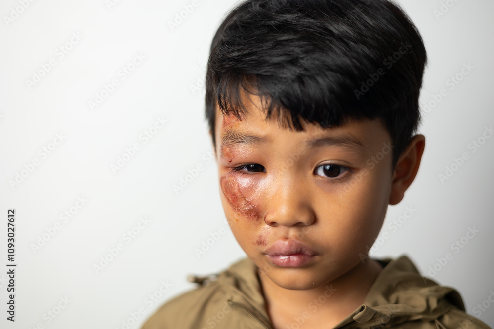 Portrait asian boy received Inflamed wound to his face from falling off ...