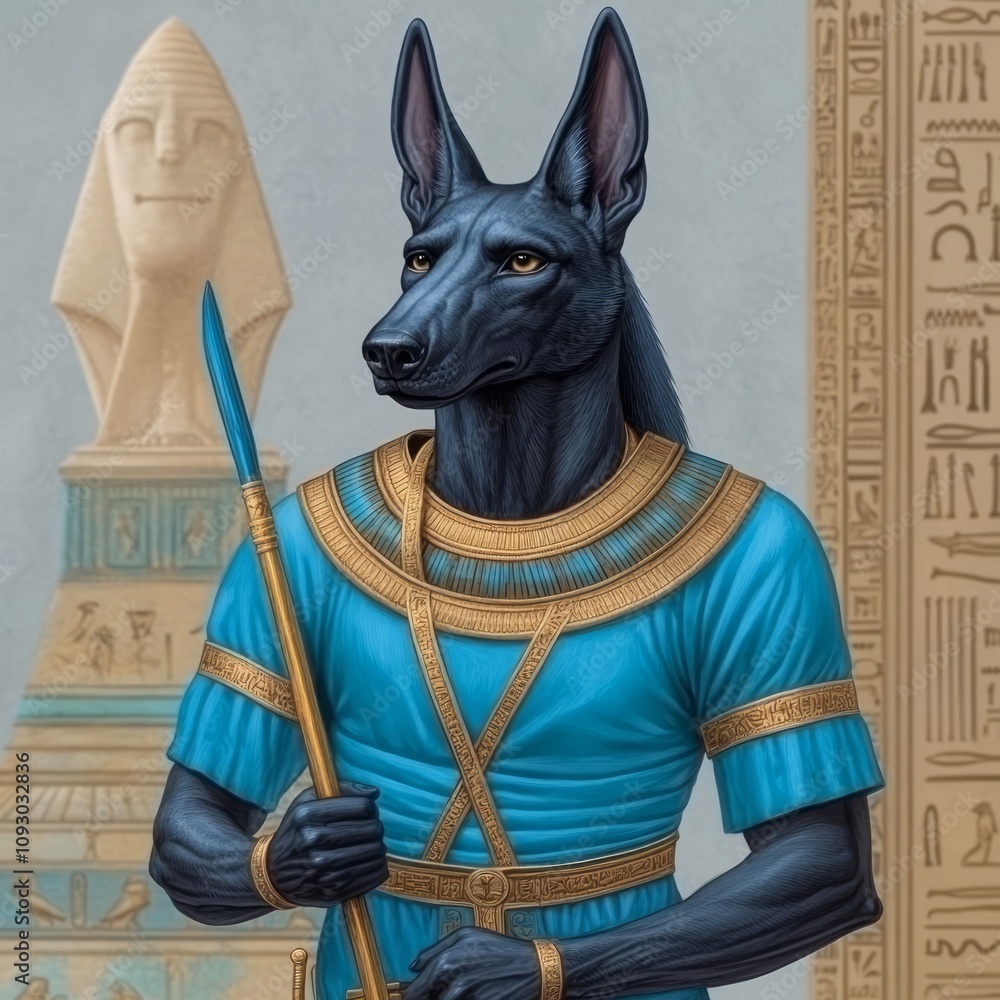 Anubis, Egyptian god, depicted as a black jackal-headed man, holding a ...