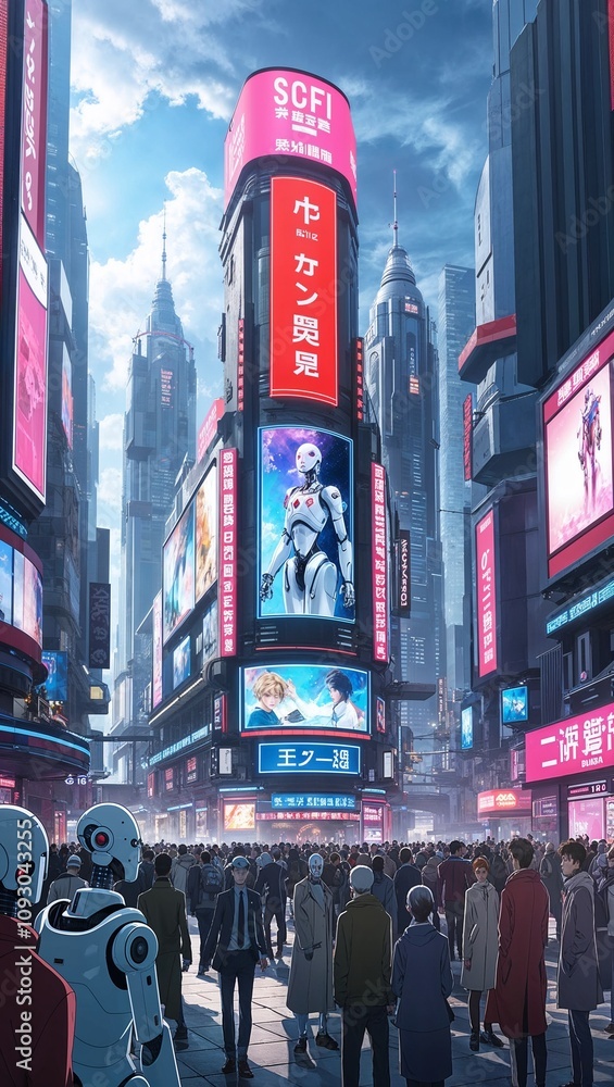Scifi anime city digital billboards robots crowded futuristic ...