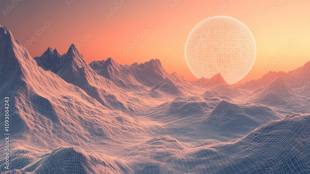 Retro digital landscape with an 80s-style sun and mountain silhouettes ...