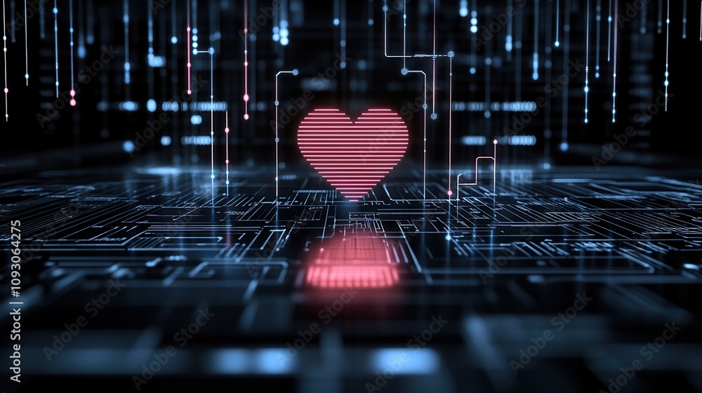 A digital heart symbol glowing in a high-tech circuit background ...
