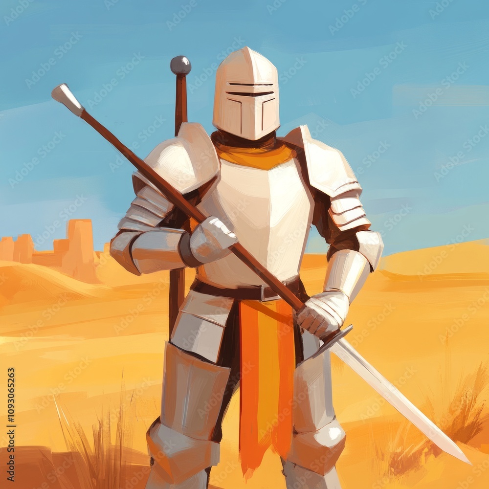 Medieval knight in full armor stands in a desert landscape, holding a ...