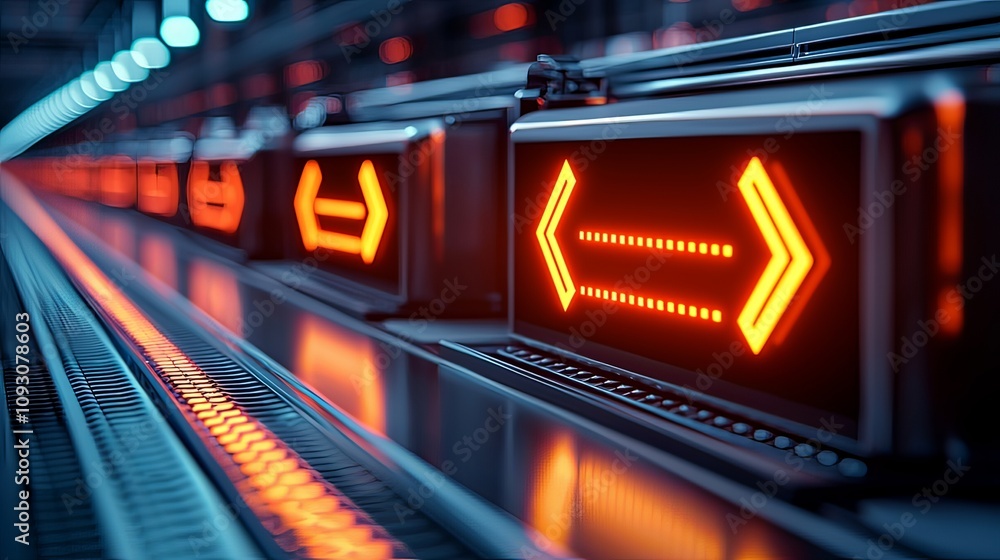 conveyor belt Airport. The image features illuminated directional ...
